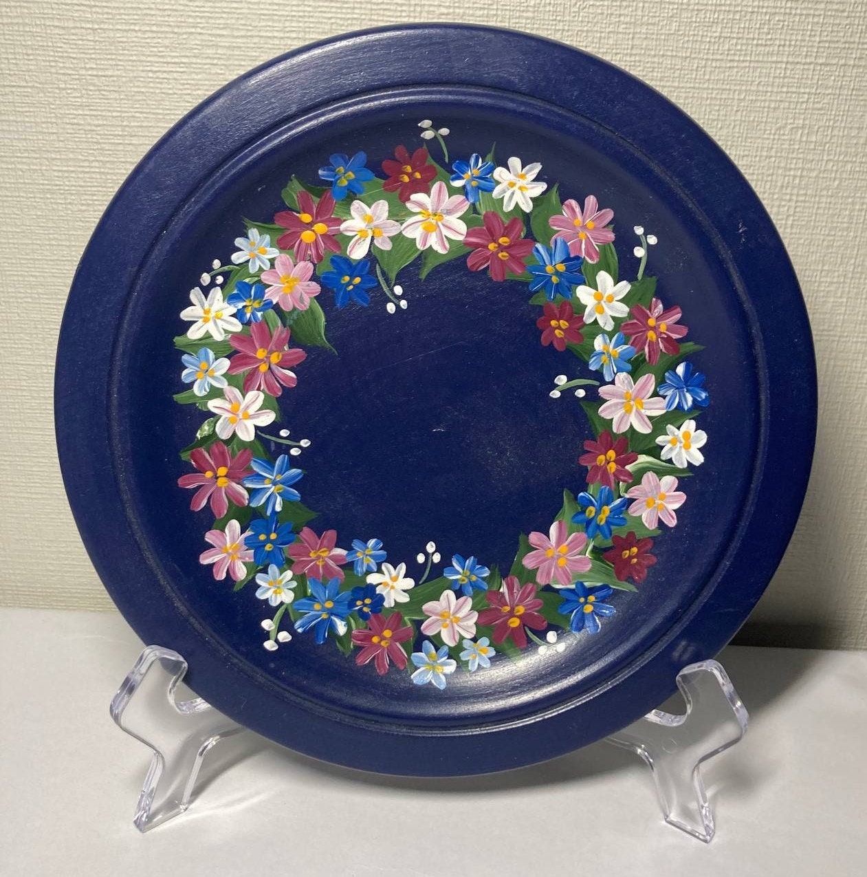 Vintage Wooden Hand Painted Plate, Blue Wall Hanging Plate, Wildflower ...