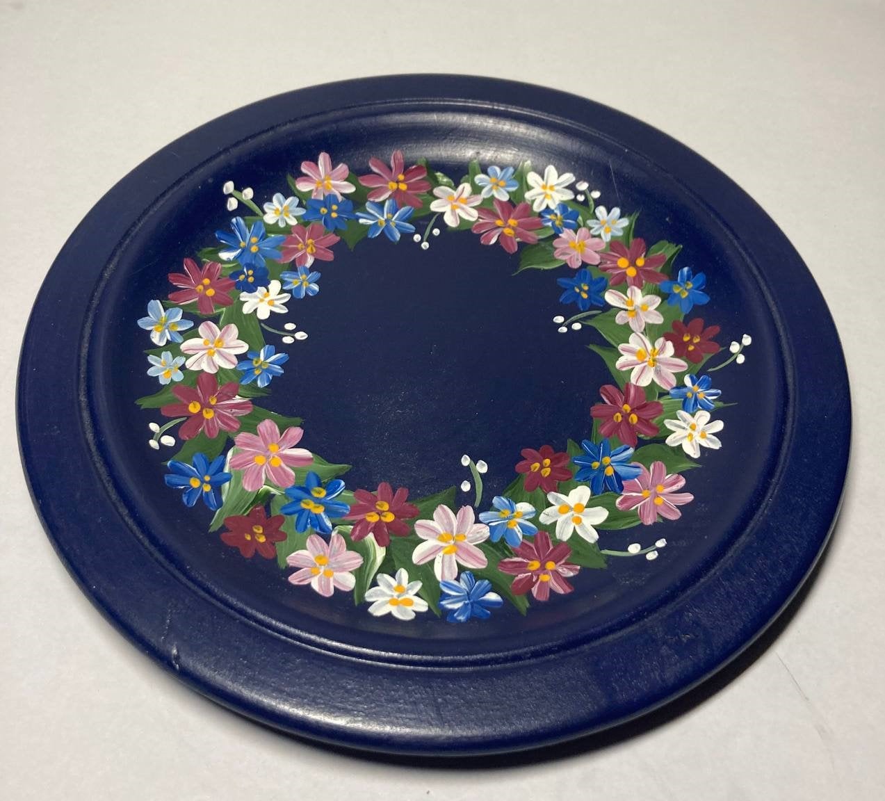 Vintage Wooden Hand Painted Plate Blue Wall Hanging Plate - Etsy