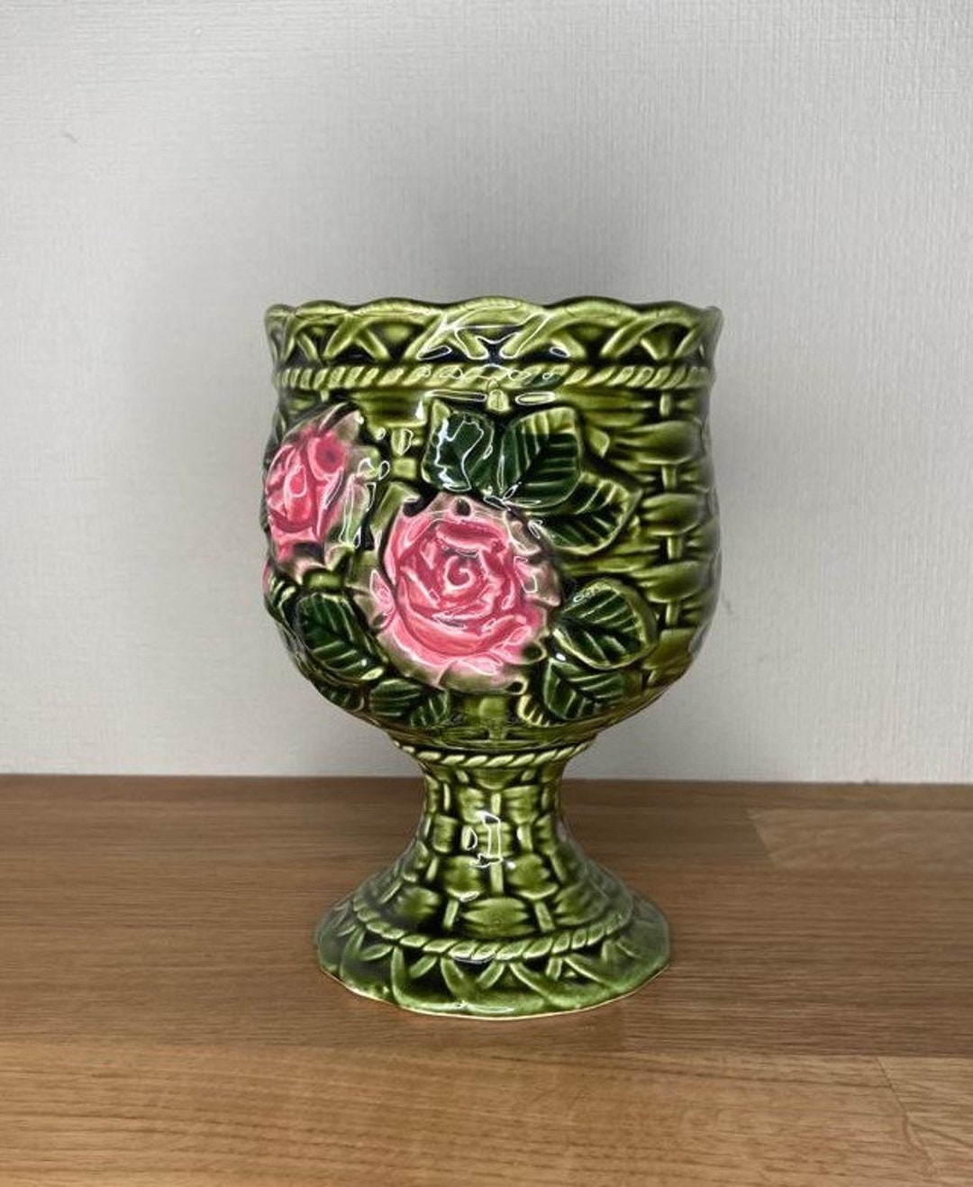 Emerald Green Vintage Large Ceramic Goblet With Roses, Made in W ...