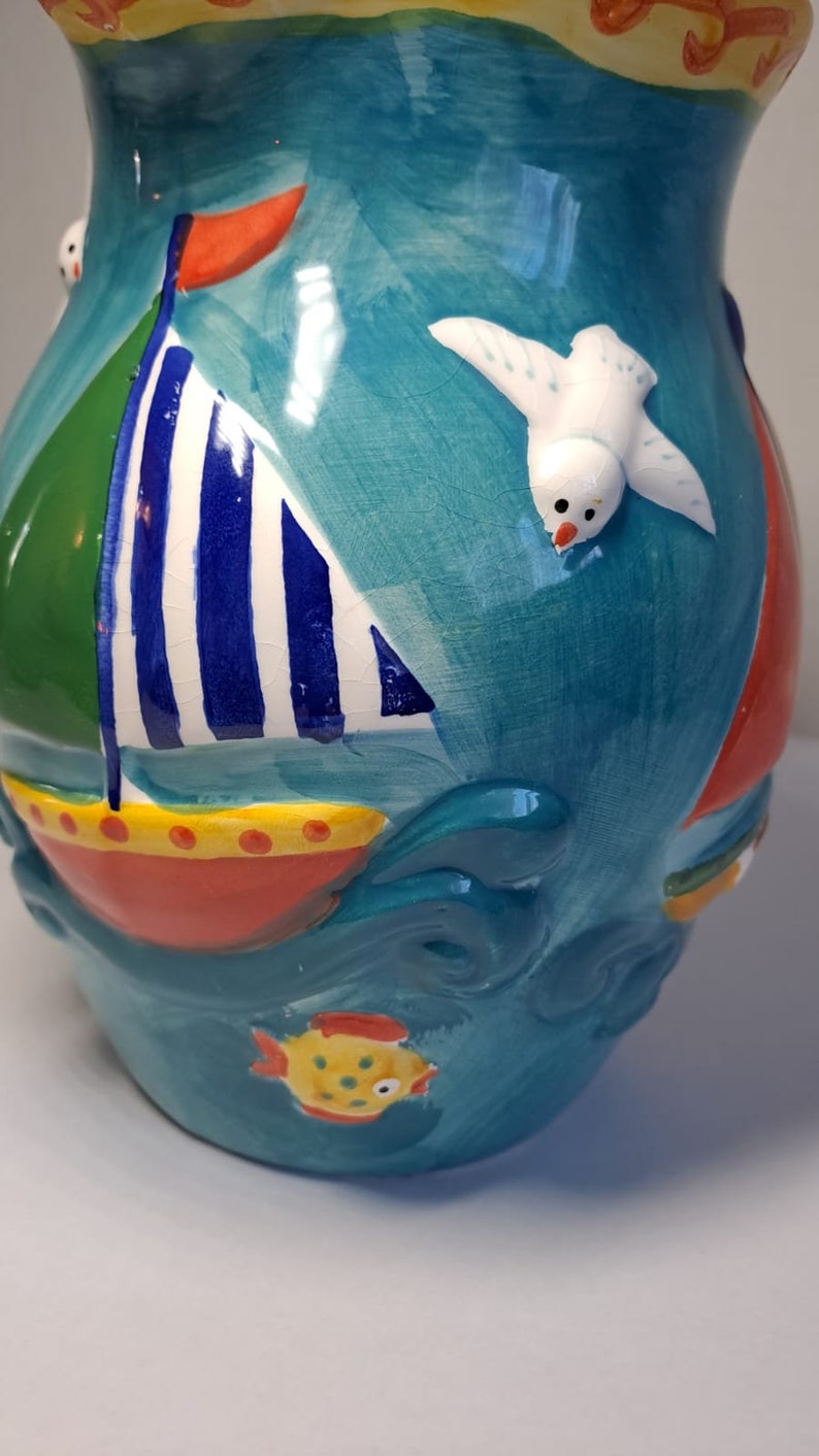 Vintage Hand Painted RAYWARE Ceramic Pitcher Sailing Boats, Mid-century ...