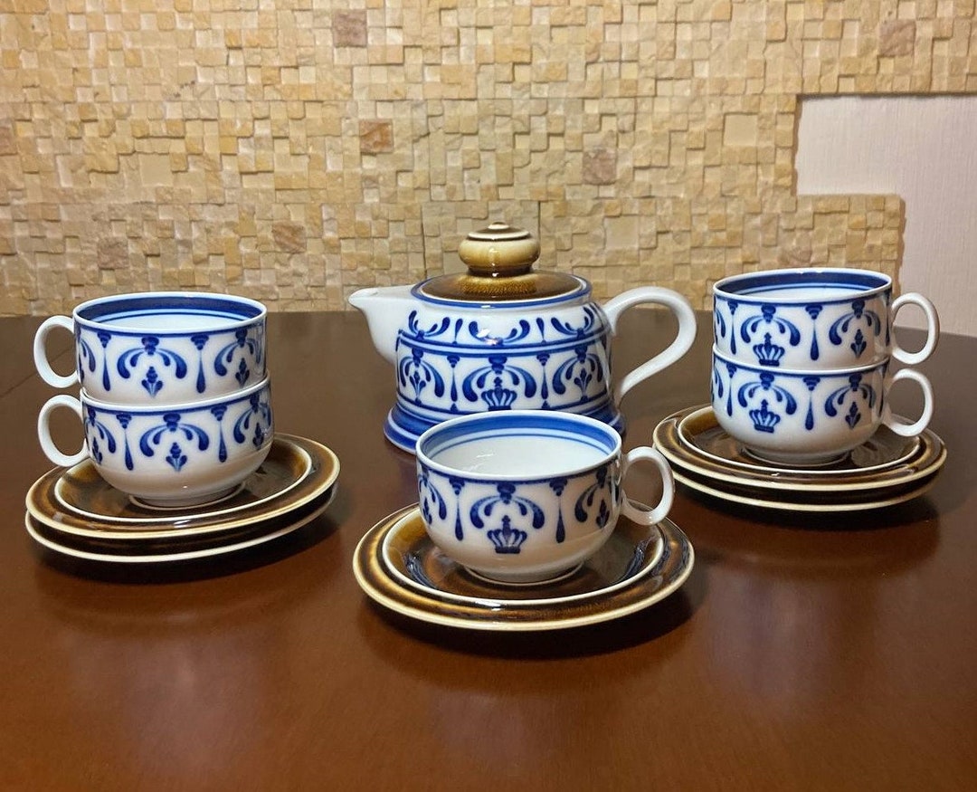 Royal Crown Delft Gallo Glazed Tea Set - 5 White Blue Cups and Brown ...