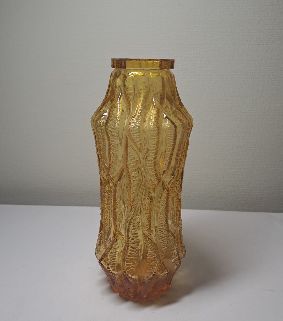 Mid-century Oberglas Rippled Glass Vase in Deep Yellow/ Amber Color ...