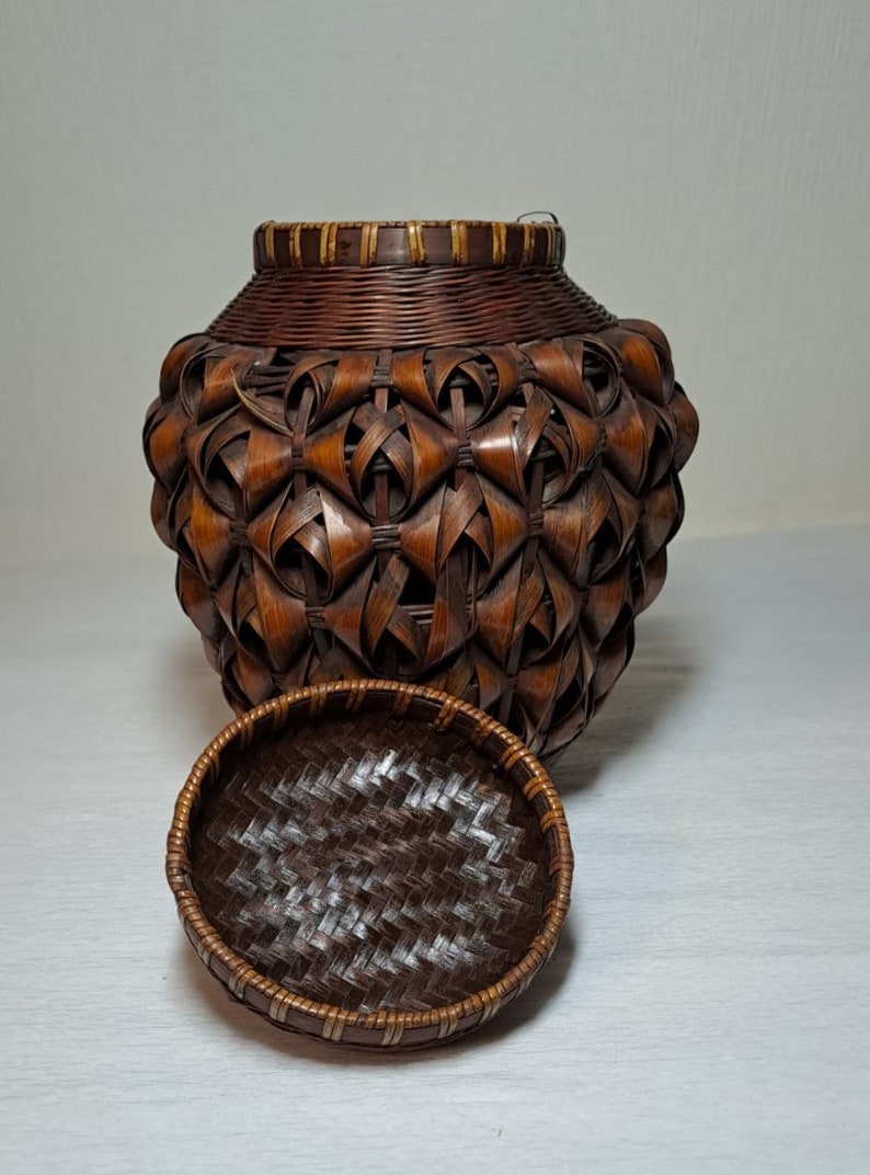 RARE Vintage Japanese Art Fine Woven Bamboo Split Basket Jar With Lid 8 ...