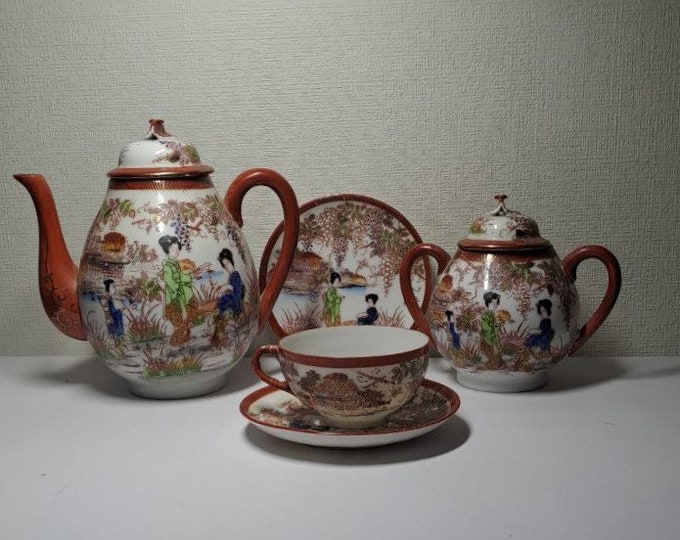 Antique Red Nippon Tokusei Geisha Tea Set, Japanese Porcelain Set ...
