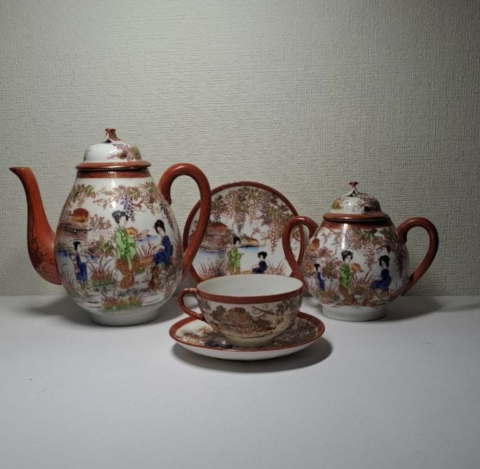 Antique Red Nippon Tokusei Geisha Tea Set, Japanese Porcelain Set ...