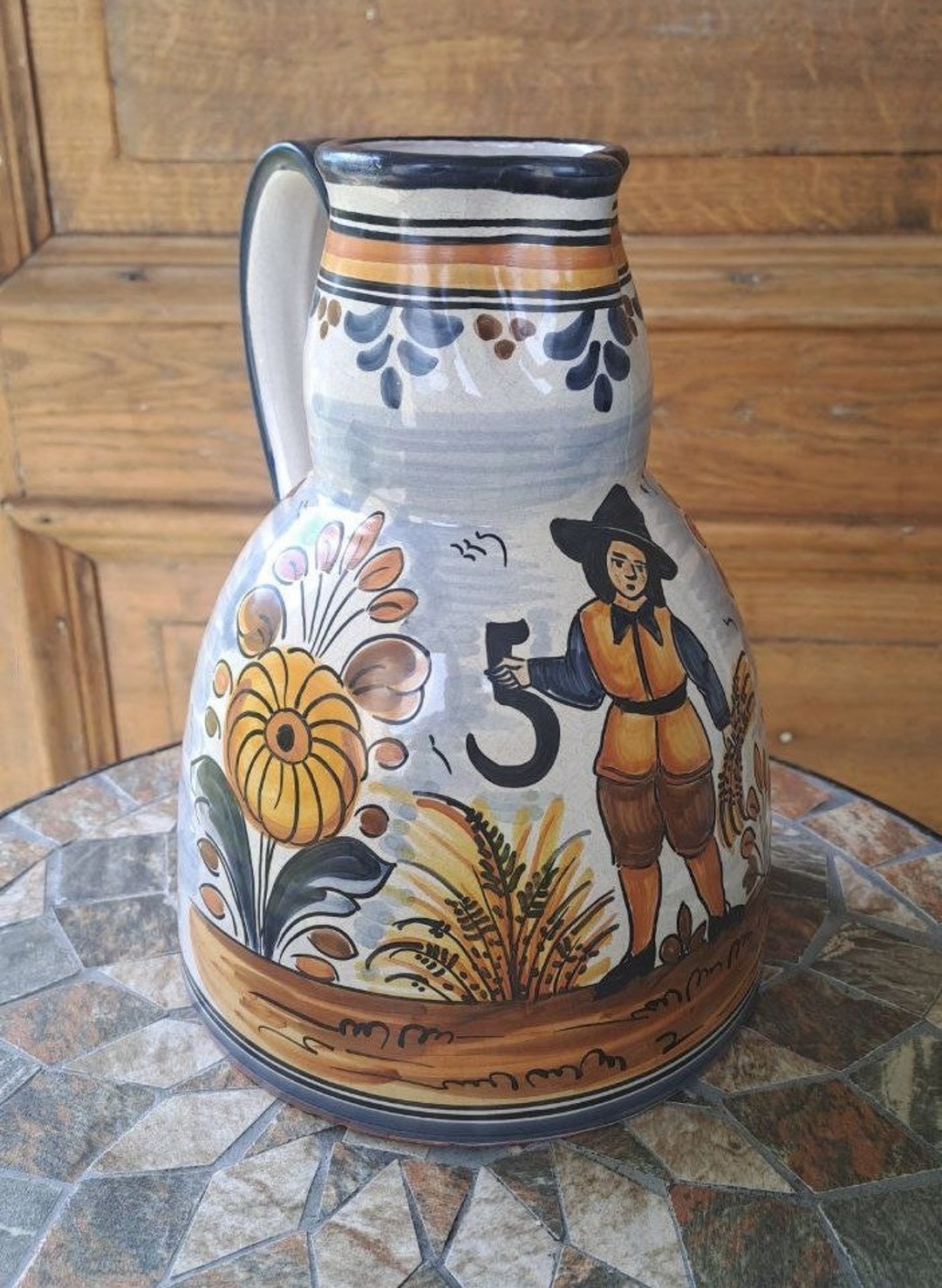 Vintage Stoneware Ceramic Jug, Hand Painted Glazed Spanish Pitcher ...