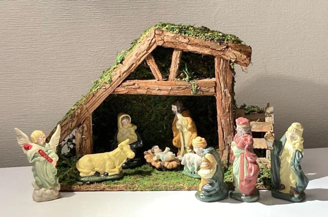 Vintage Nativity Set: Hand-painted Biscuit Porcelain Figurines, Wood ...