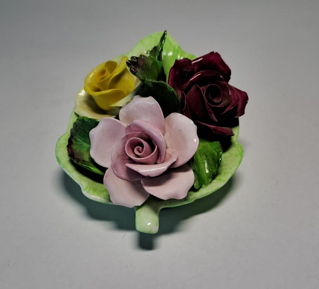 Vintage Best Bone Denton China Flowers on the Leaf, Yellow Pink Purple ...