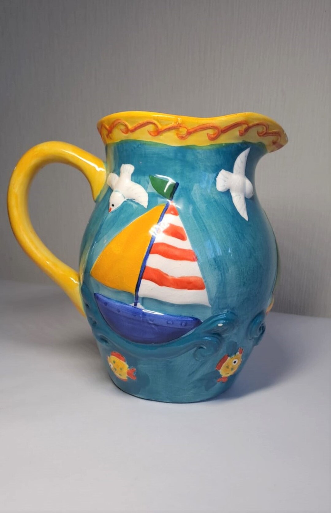 Vintage Hand Painted RAYWARE Ceramic Pitcher Sailing Boats, Mid-century ...