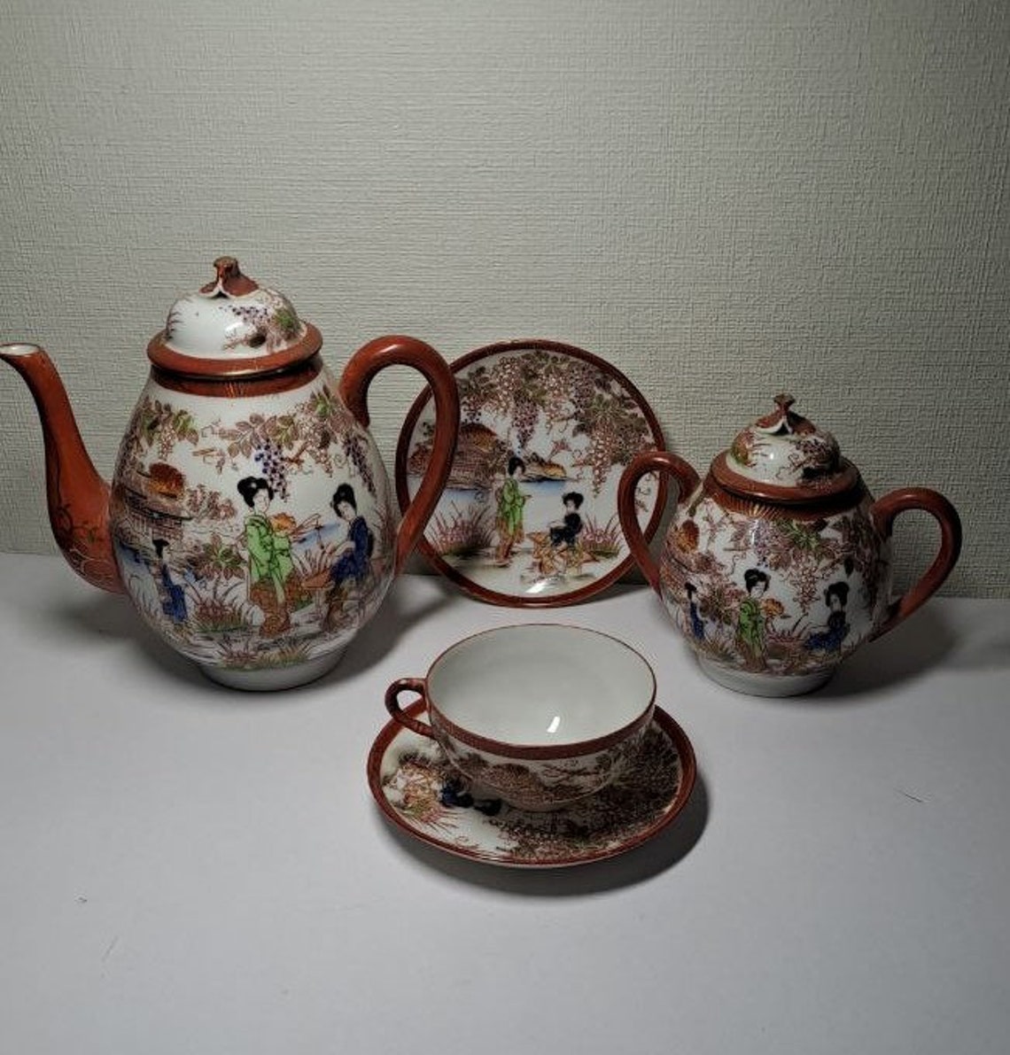 Antique Red Nippon Tokusei Geisha Tea Set, Japanese Porcelain Set ...