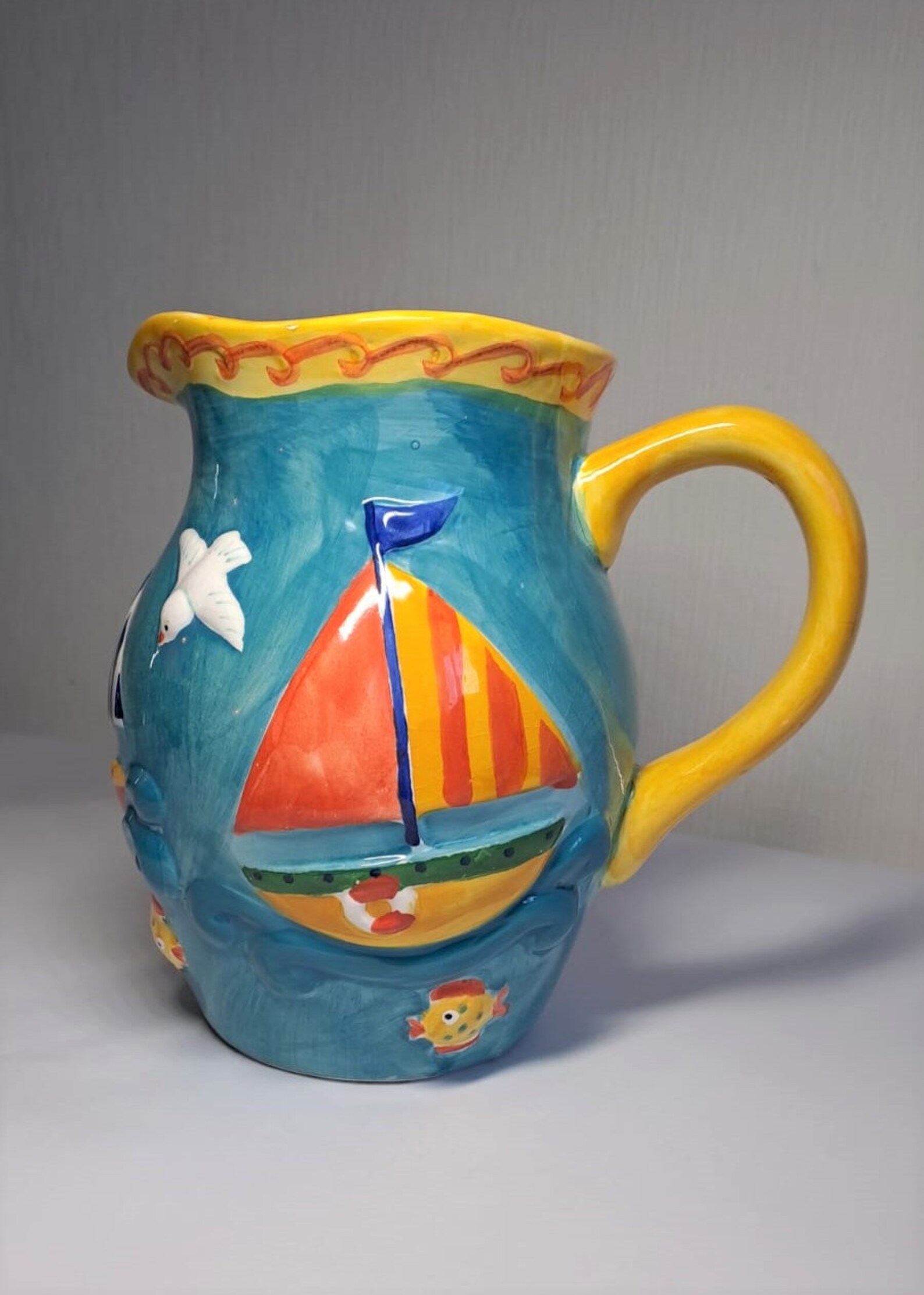 Vintage Hand Painted RAYWARE Ceramic Pitcher Sailing Boats, Mid-century ...