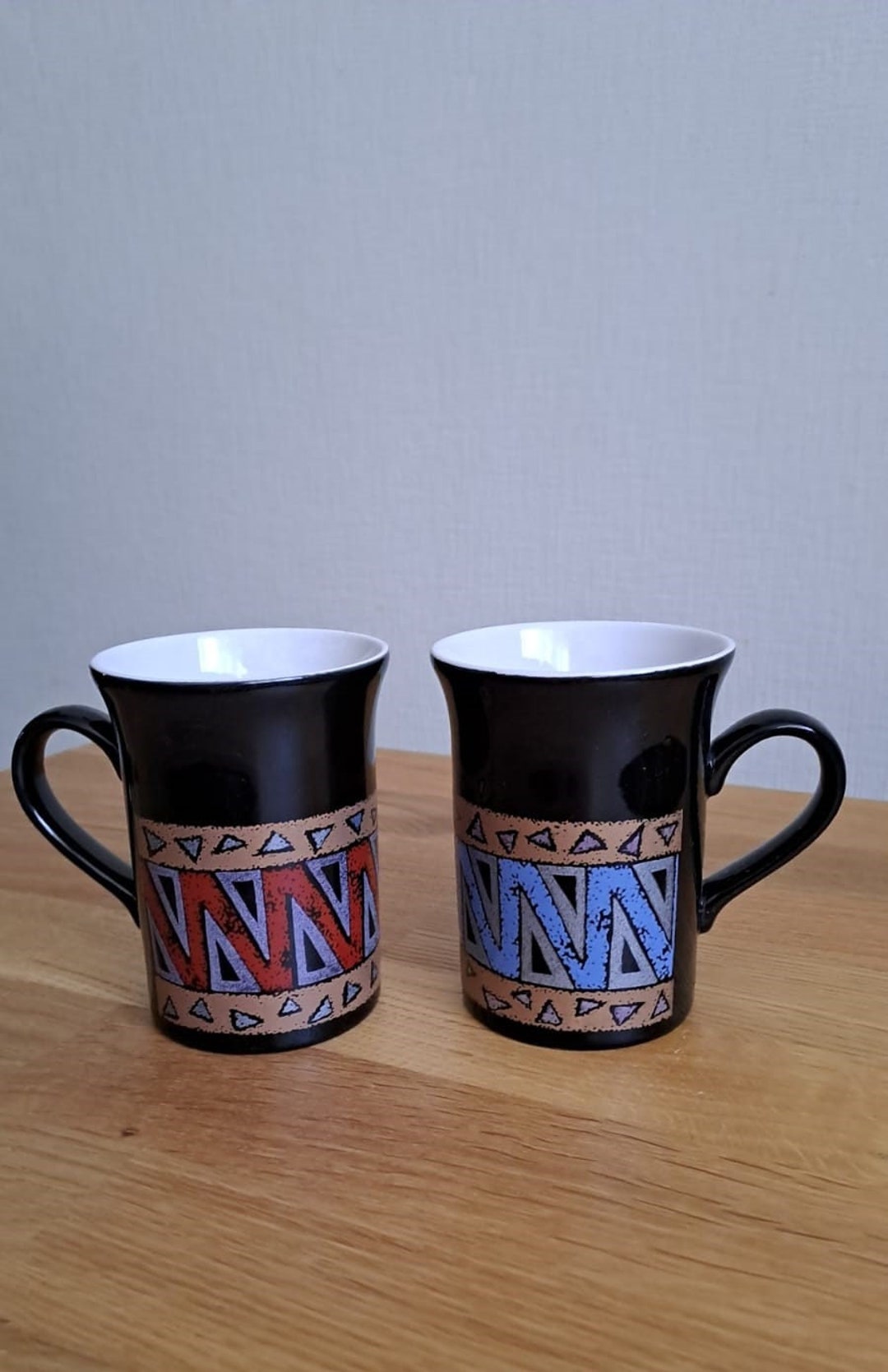 Vintage Coloroll Kilncraft Black Ceramic Mugs With Geometric Pattern ...