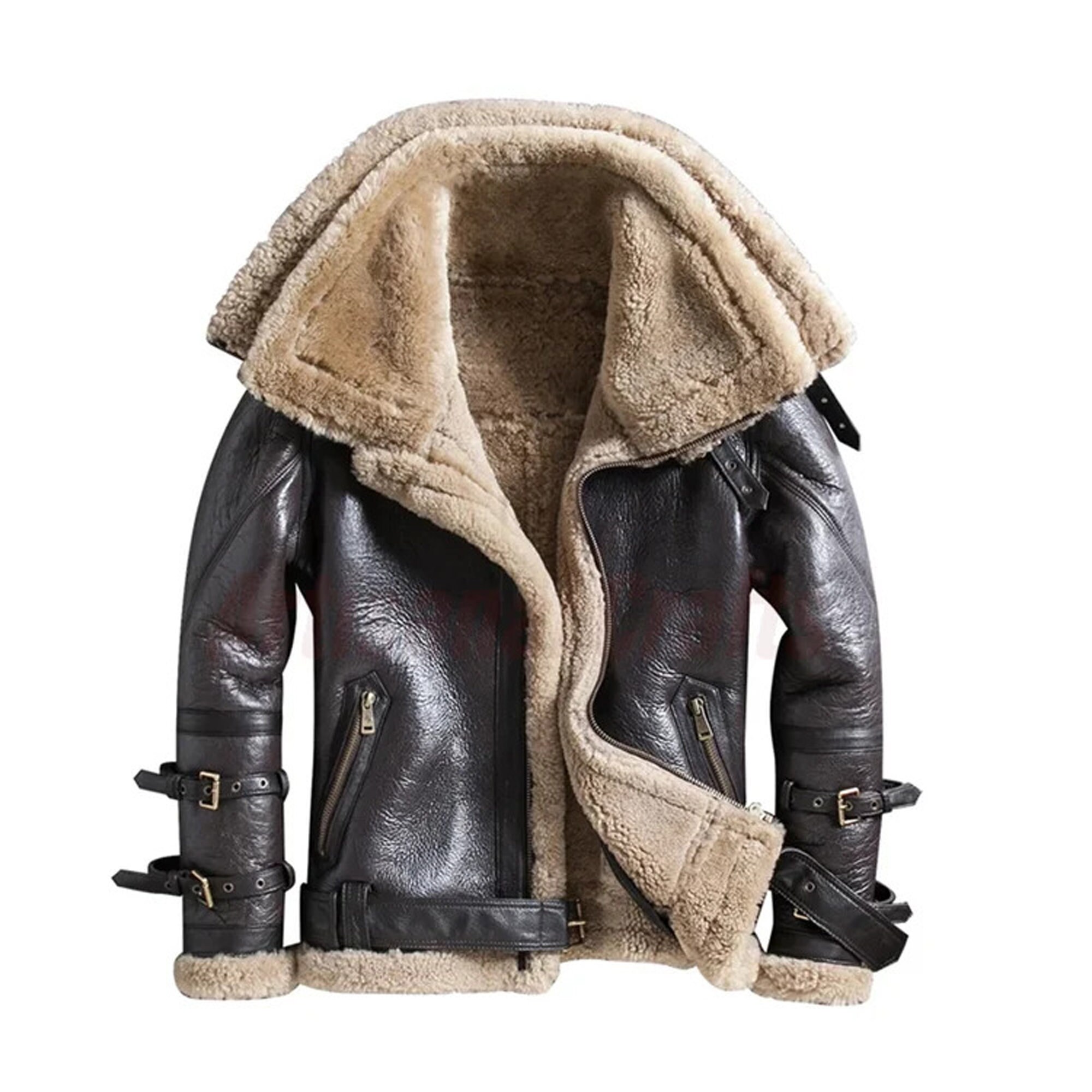 Handmade New Men's Aviator RAF Bomber Flying Leather Jacket Double Collar Shearling Coat, Brown ...