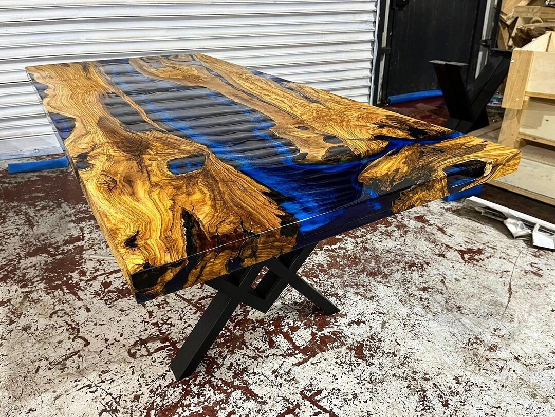 Custom Olive Wood Dark Blue River İce Epoxy Dining Table-resin Table ...