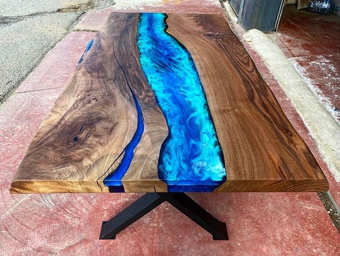 Custom Order Walnut Wooden Blue Turquoise River Epoxy Table Dining ...