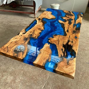 Custom Order White Dark Blue Ocean Sea Resin Table- Live Edge Olive ...