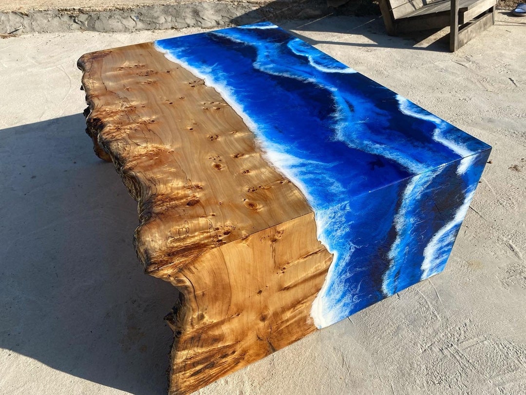 Custom Order Poplar Wood Live Edge Blue White Waterfall Epoxy Table ...