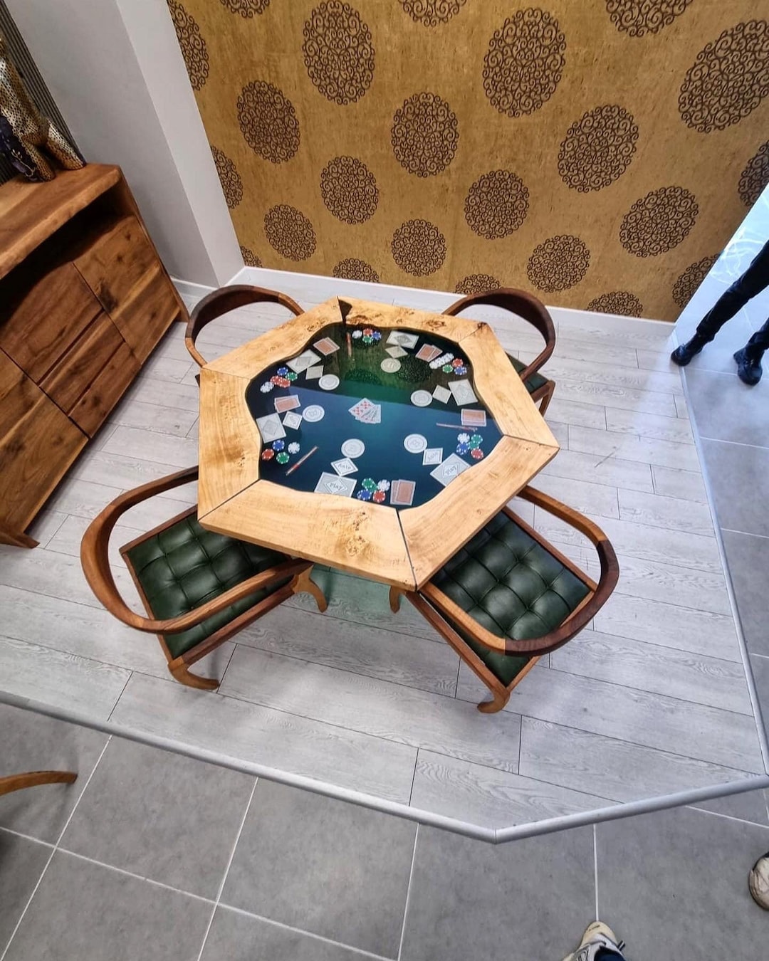 Custom Order Hexagon Walnut Black Round Epoxy Table-dining Table-poker ...