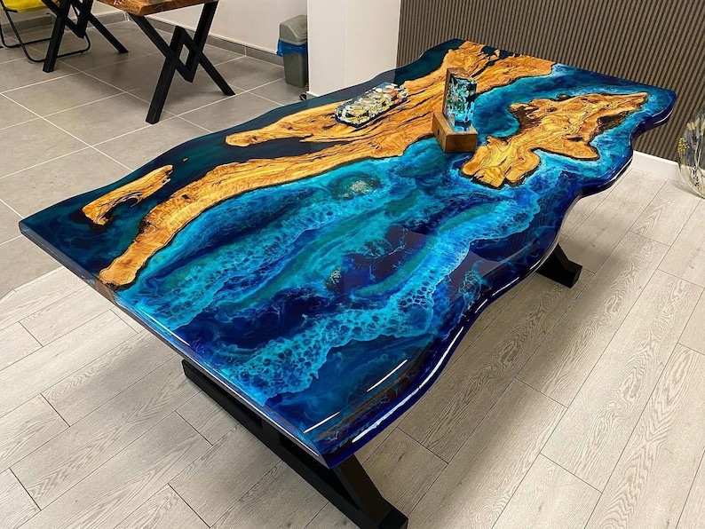 Custom Order Resin Table Top Olive Wood Aquarium Live Edge Dark Blue ...