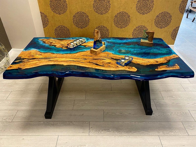 Custom Order Resin Table Top Olive Wood Aquarium Live Edge Dark Blue ...