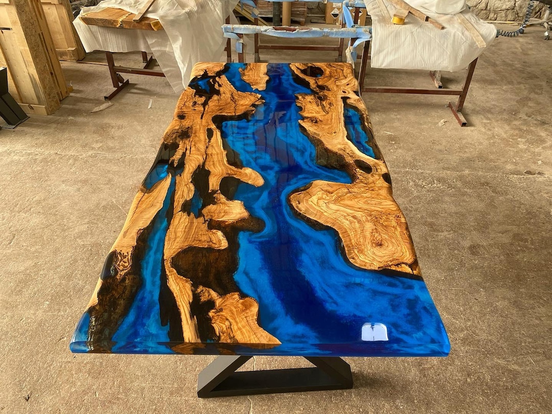 Custom Order White Dark Blue Ocean Sea Resin Table- Live Edge Olive ...