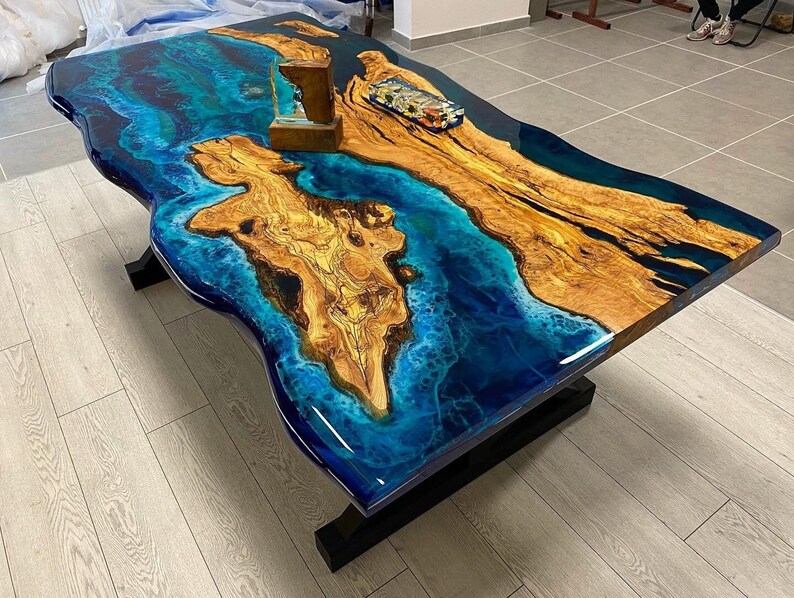 Custom Order Resin Table Top Olive Wood Aquarium Live Edge Dark Blue ...