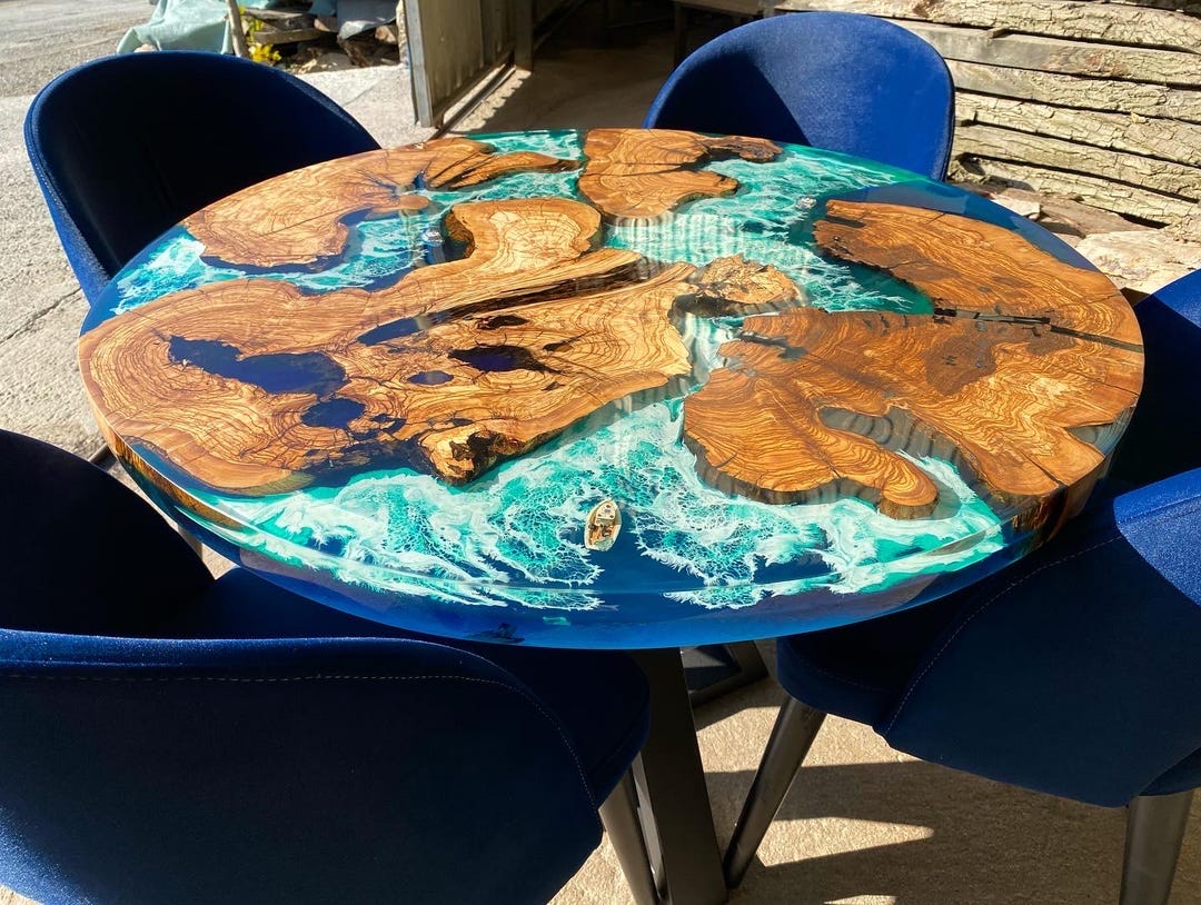Custom Diameter Round Olive Deep Blue Green Ocean Sea Epoxy Table ...