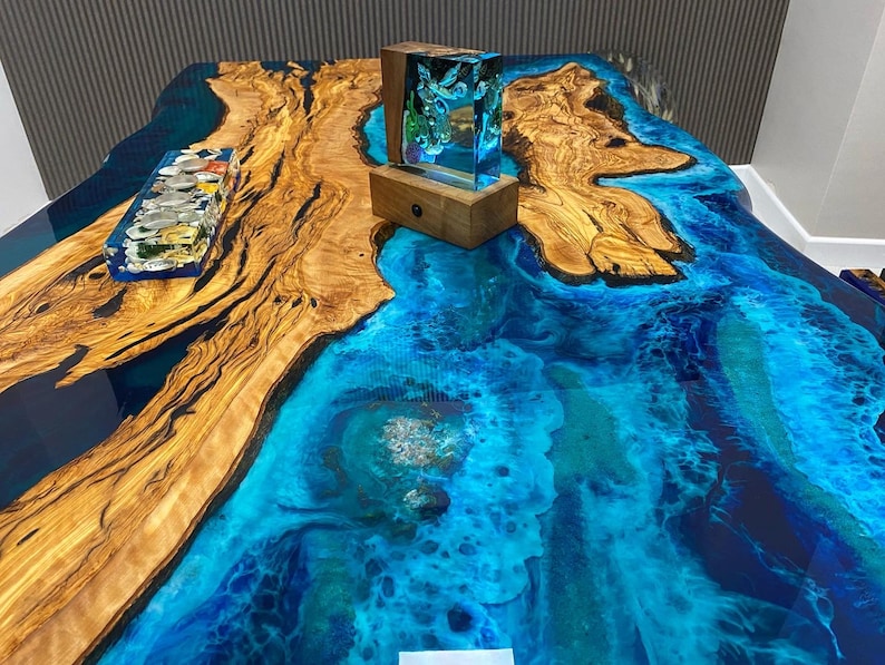 Custom Order Resin Table Top Olive Wood Aquarium Live Edge Dark Blue ...
