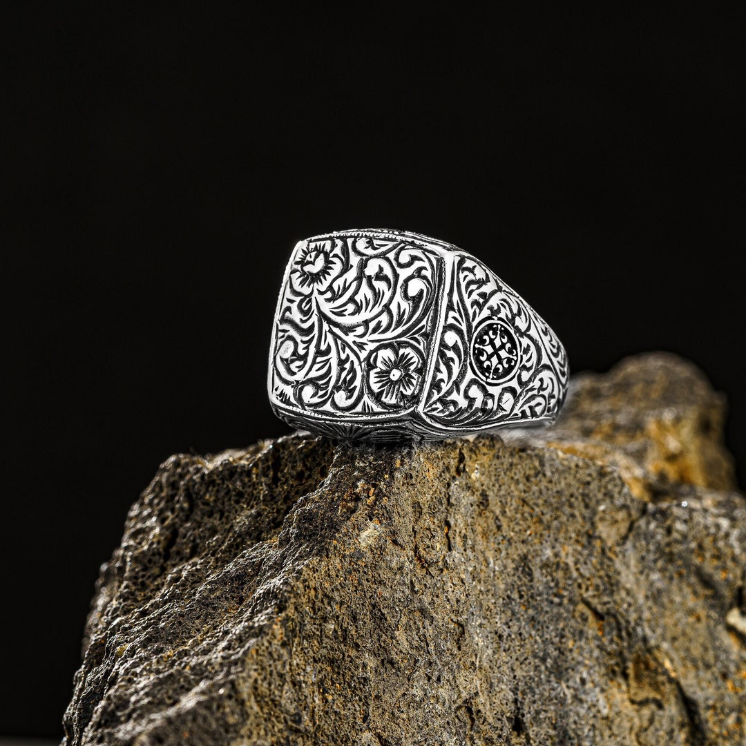 Hand Engraved Silver Ring for Men , Square Silver Ring, Mens Sterling ...