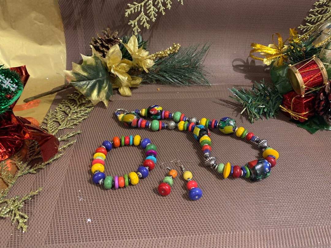 Colourful Ceramic, Wood and Hematite Beaded Earrings, Bracelet and ...