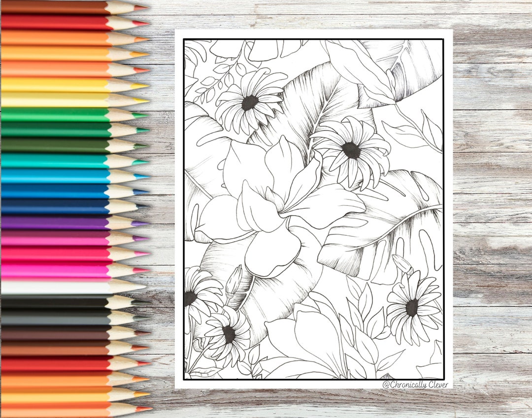 Monstera & Magnolia Colouring Page Floral Printable Adult - Etsy