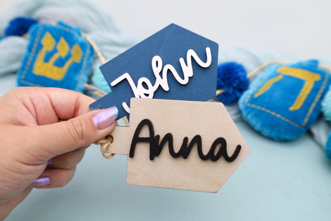 Custom Hanukkah Name Tags – Wooden Dreidel Table Decor or Gift Wrapping ...