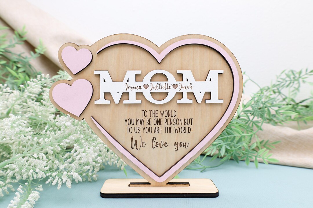 Custom Mom Sign With Kids Name, Engraved Wooden Heart Name Sign, Gift ...