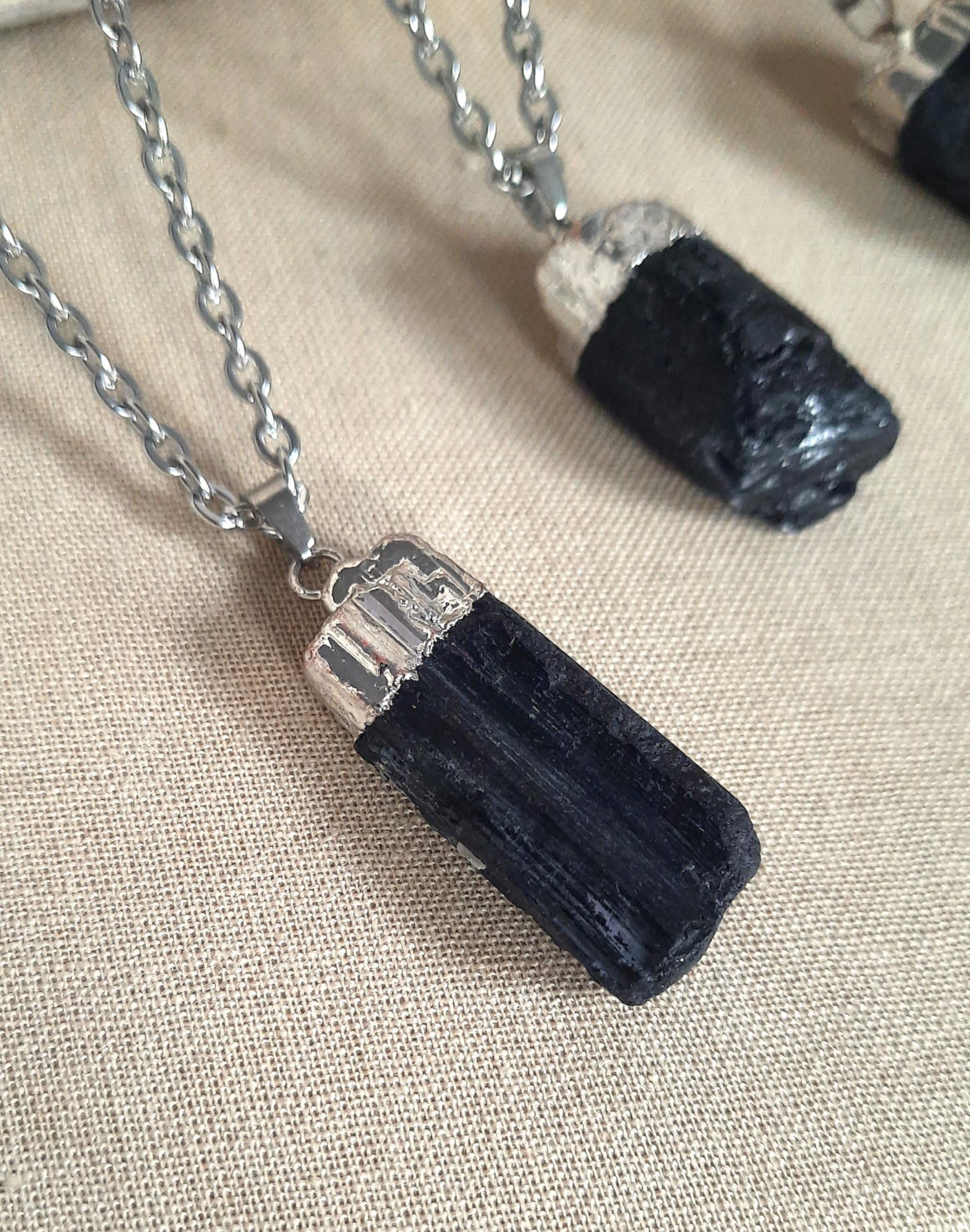 Raw Black Tourmaline Crystal Necklace Minimalist Silver Steel Chain ...
