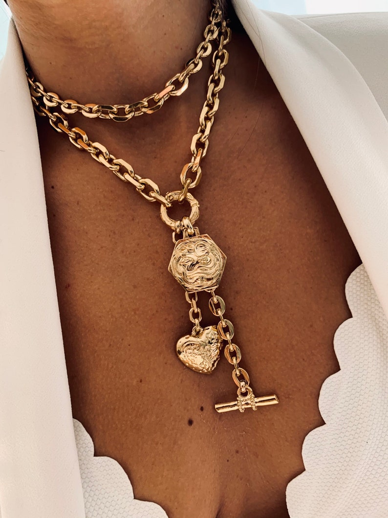 Multiple Charms Necklace, Statement Necklace, Toggle Necklace,t Bar ...