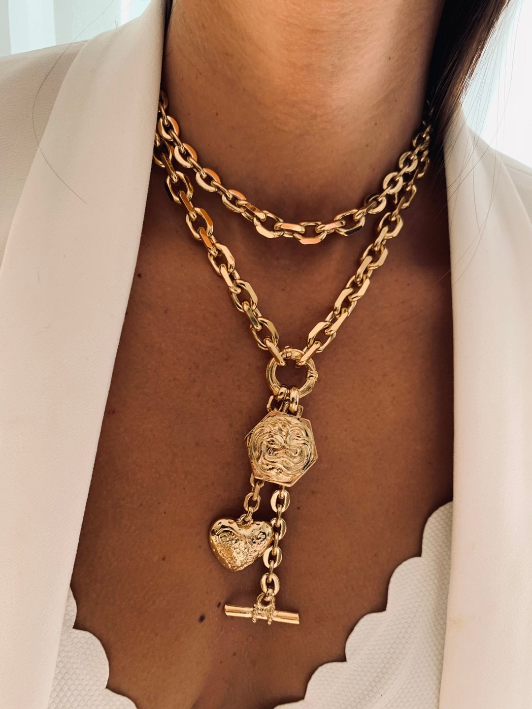 Multiple Charms Necklace, Statement Necklace, Toggle Necklace,t Bar ...