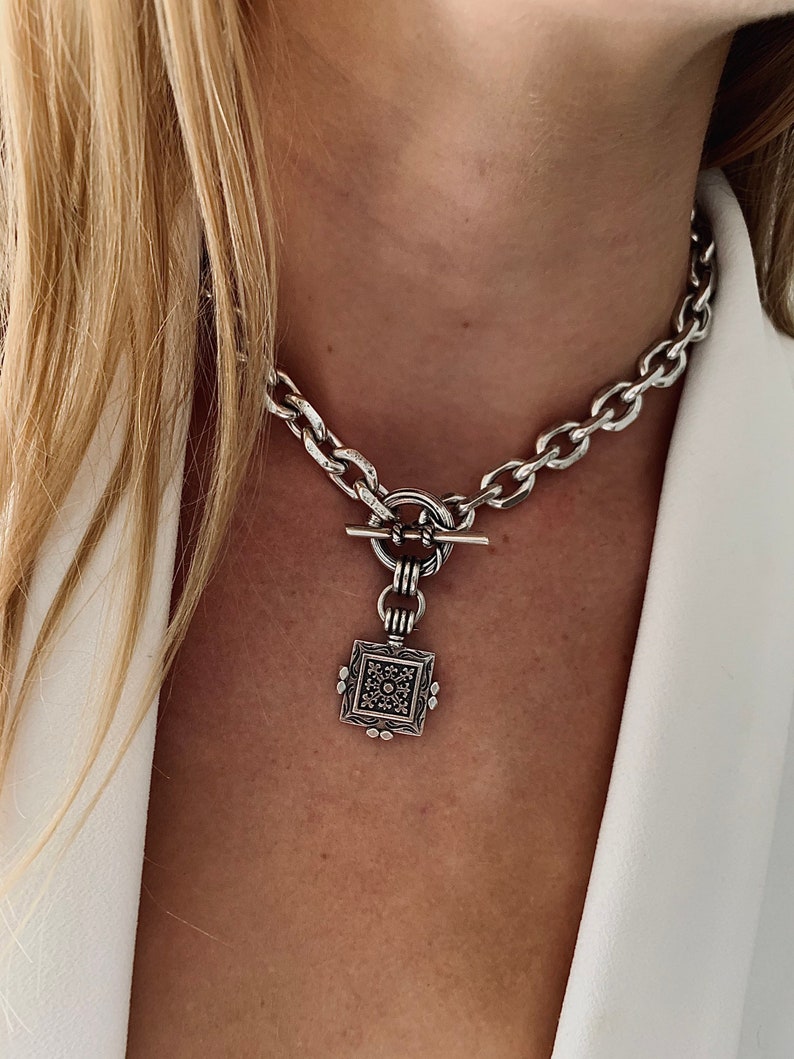 Statement Toggle Clasp Necklace, Square Pendant, Chunky Rectangle Link Chain Necklace, Toggle ...