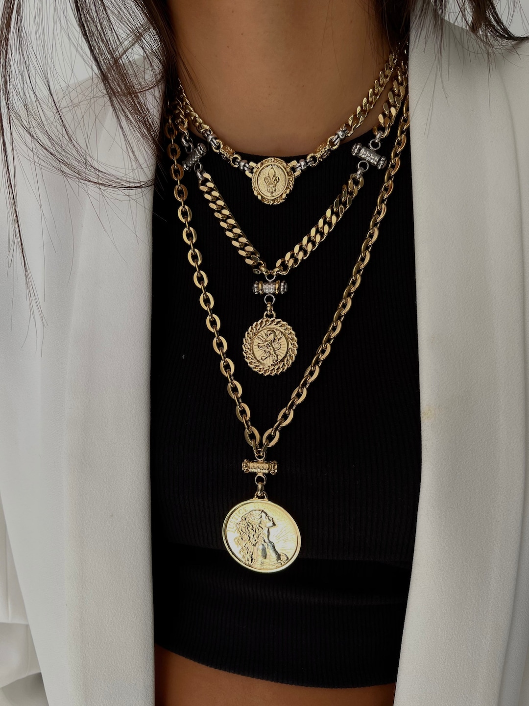 Lion Necklace, Coin Collar, Toggle Clasp Necklace, Chunky Links ...