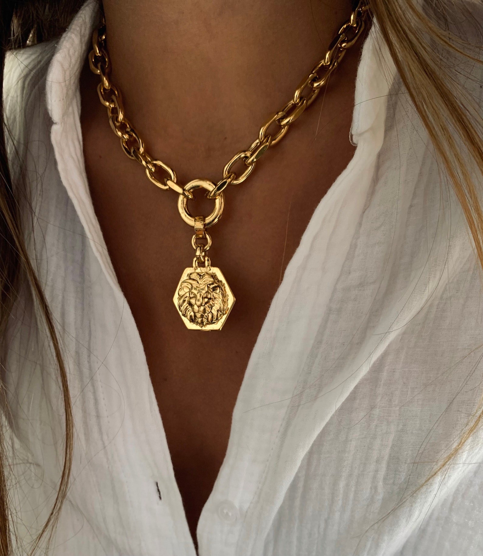 Lion Necklace , Statement Toggle Clasp Necklace, Statement Gold Link ...