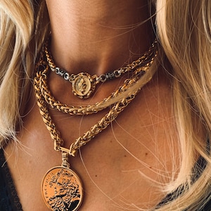 Medallion Necklace , Coin Collar Necklace , Gold Statement Necklace ...