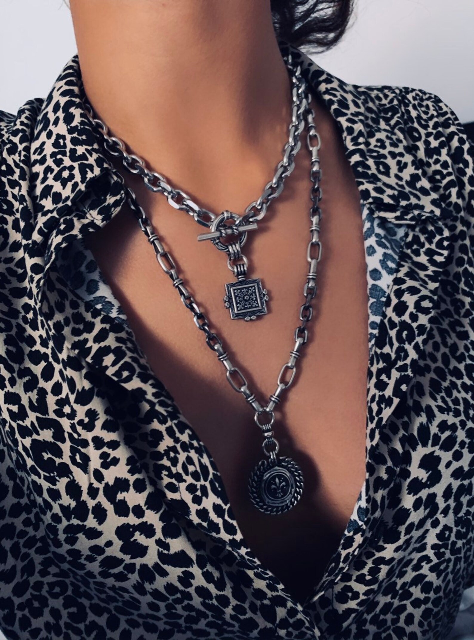 Statement Toggle Clasp Necklace, Square Pendant, Chunky Rectangle Link ...