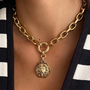 Lion Necklace , Statement Toggle Clasp Necklace, Statement Gold Link ...