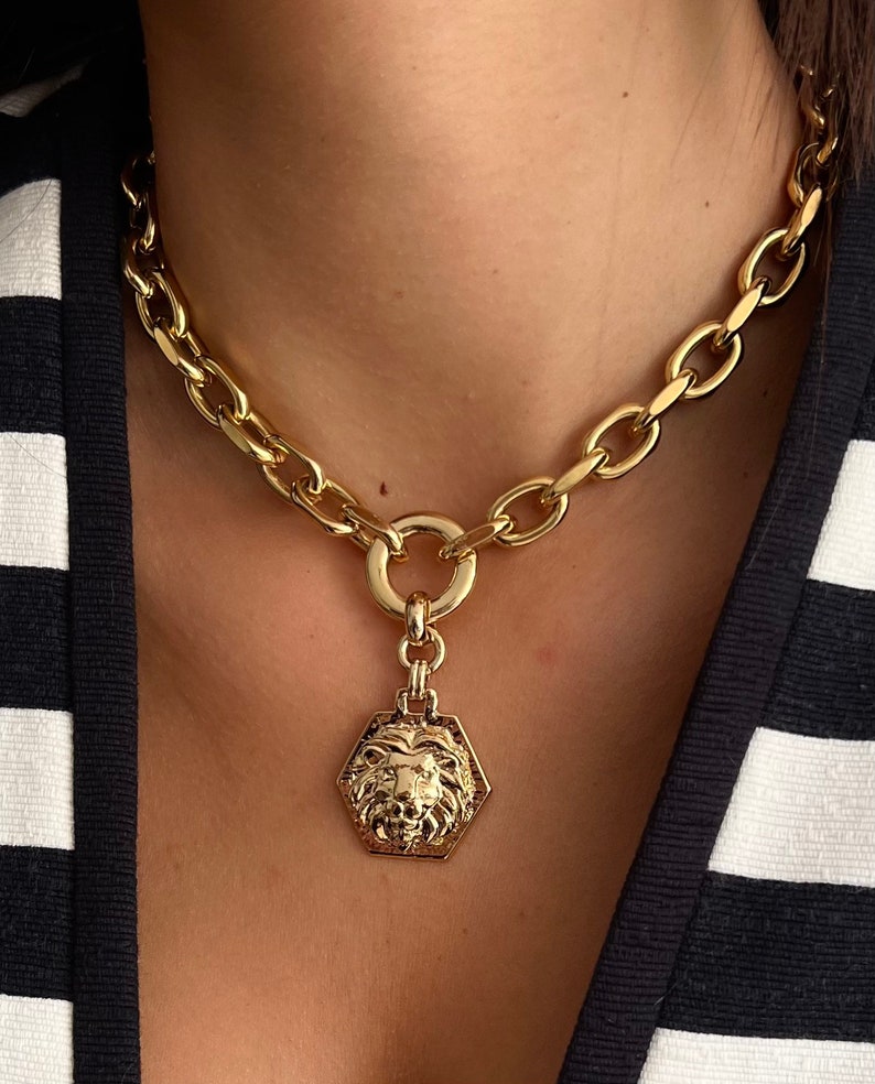 Lion Necklace , Statement Toggle Clasp Necklace, Statement Gold Link ...