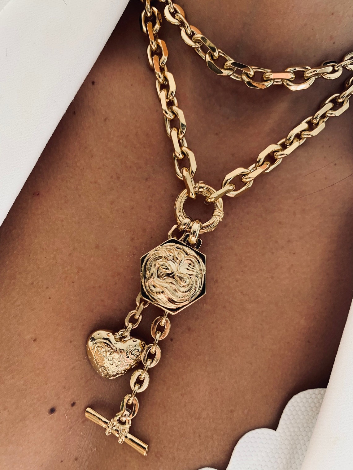 Multiple Charms Necklace, Statement Necklace, Toggle Necklace,t Bar ...