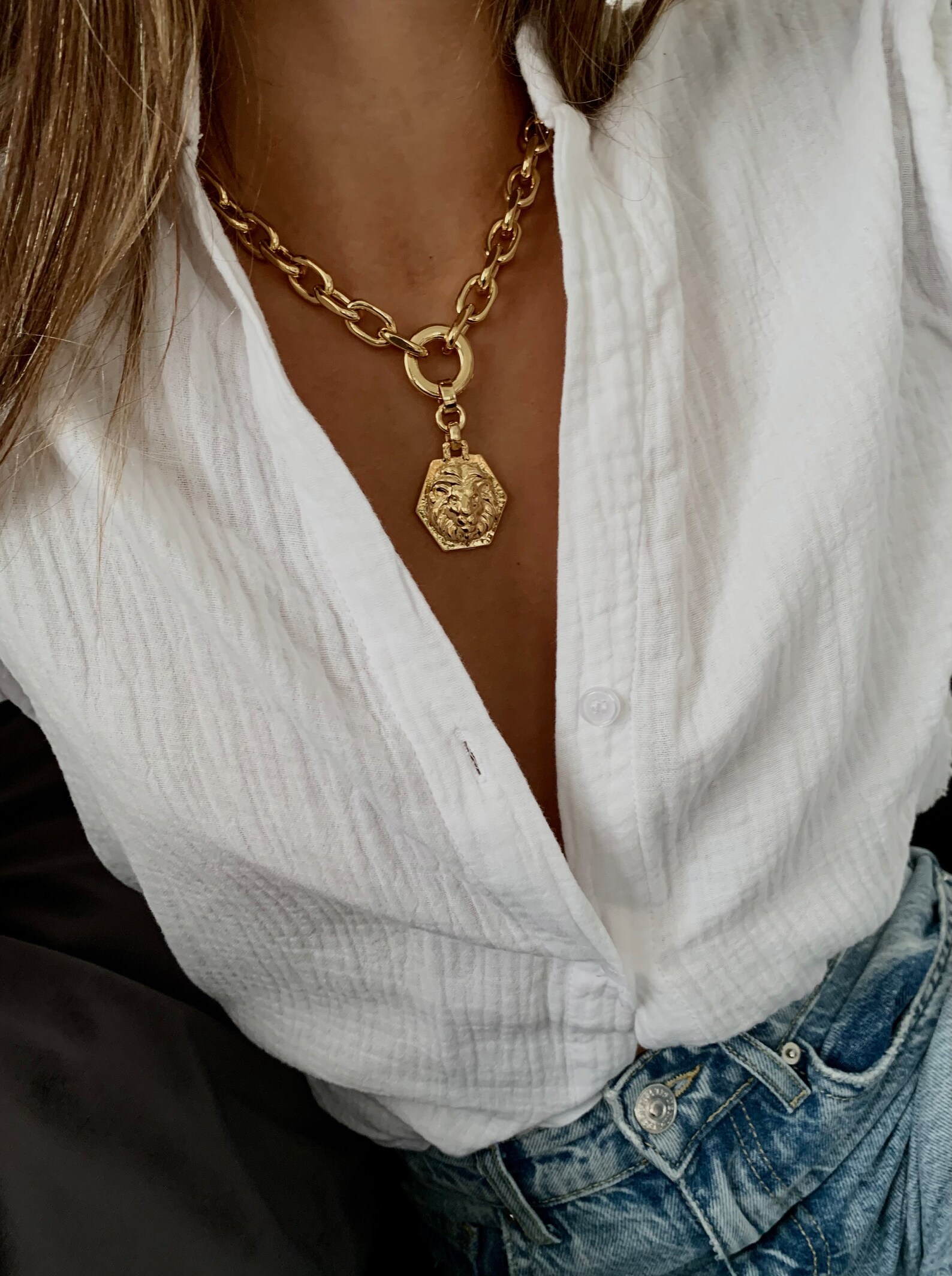 Lion Necklace , Statement Toggle Clasp Necklace, Statement Gold Link ...