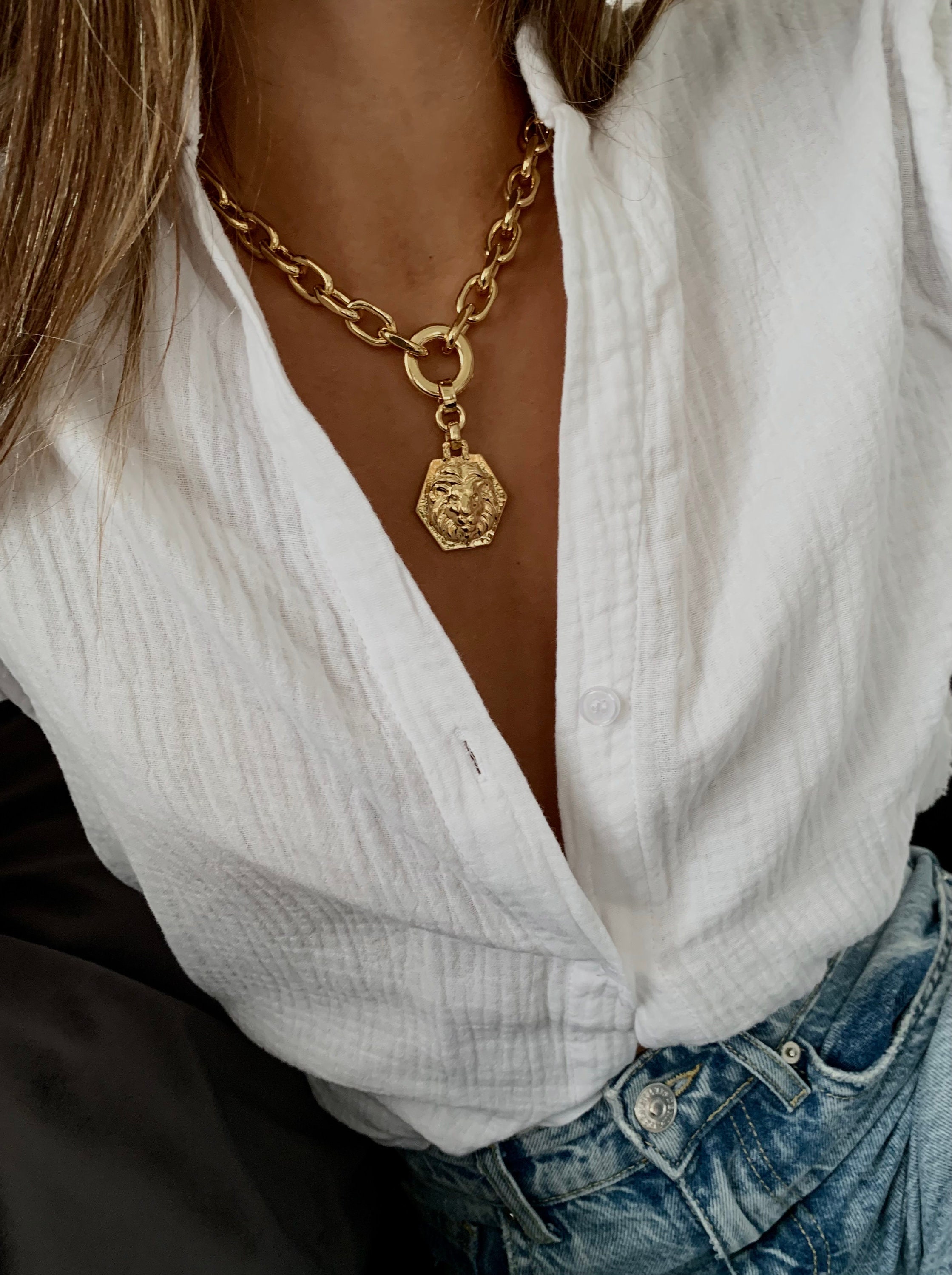 Lion Necklace , Statement Toggle Clasp Necklace, Statement Gold Link ...