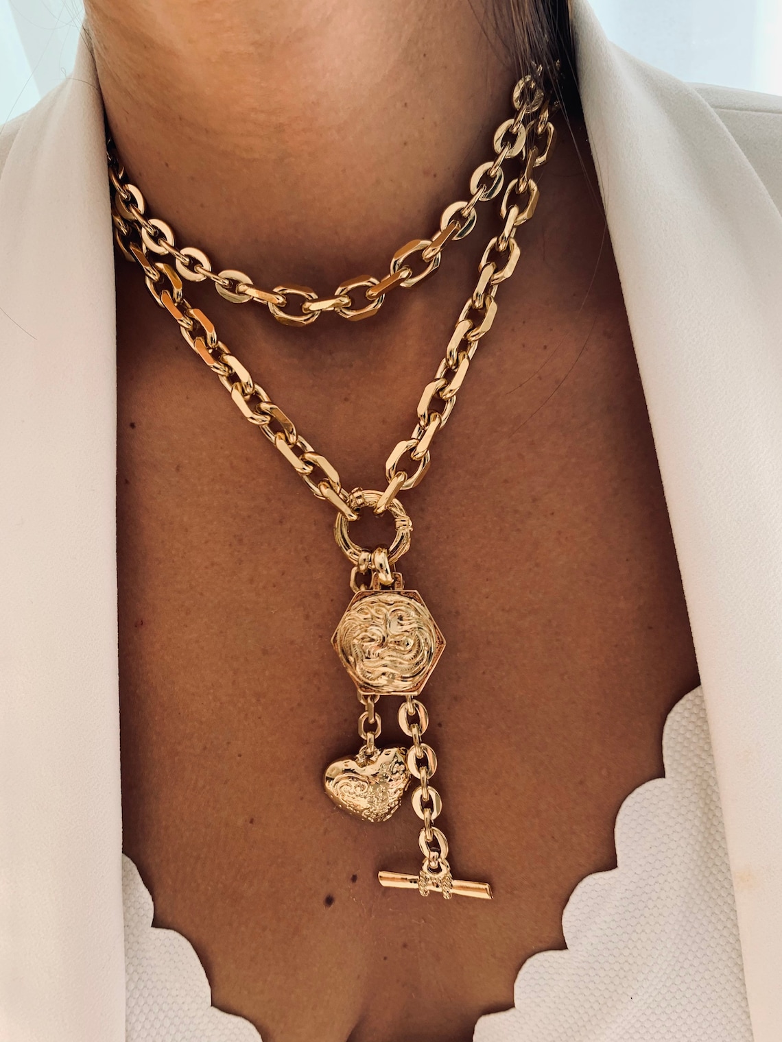 Multiple Charms Necklace, Statement Necklace, Toggle Necklace,t Bar ...