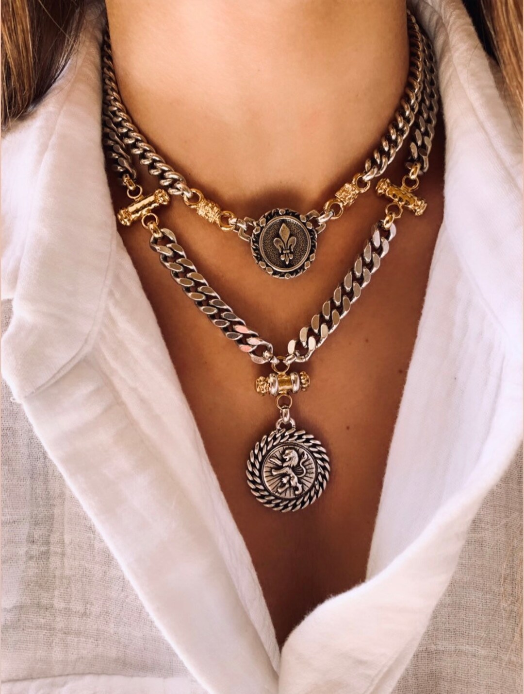 Statement Necklace , Coin Collar, Medallion Necklace, Chunky Choker ...