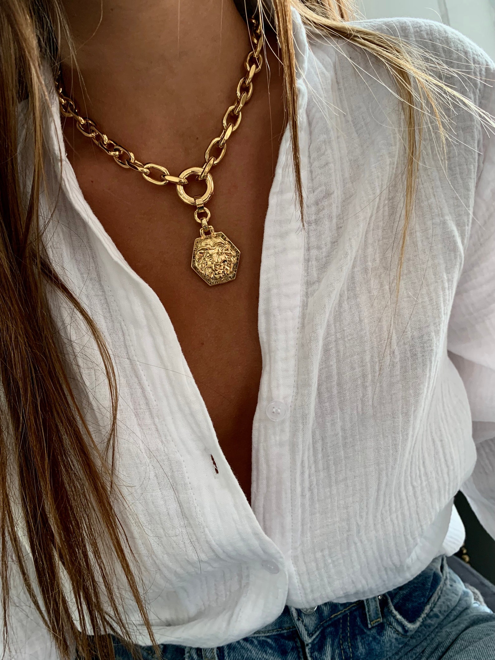 Lion Necklace , Statement Toggle Clasp Necklace, Statement Gold Link ...