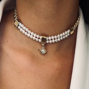 Pearls Collar Necklace, Pearl Choker, Gold Curb and Pearl Choker, Pearl ...